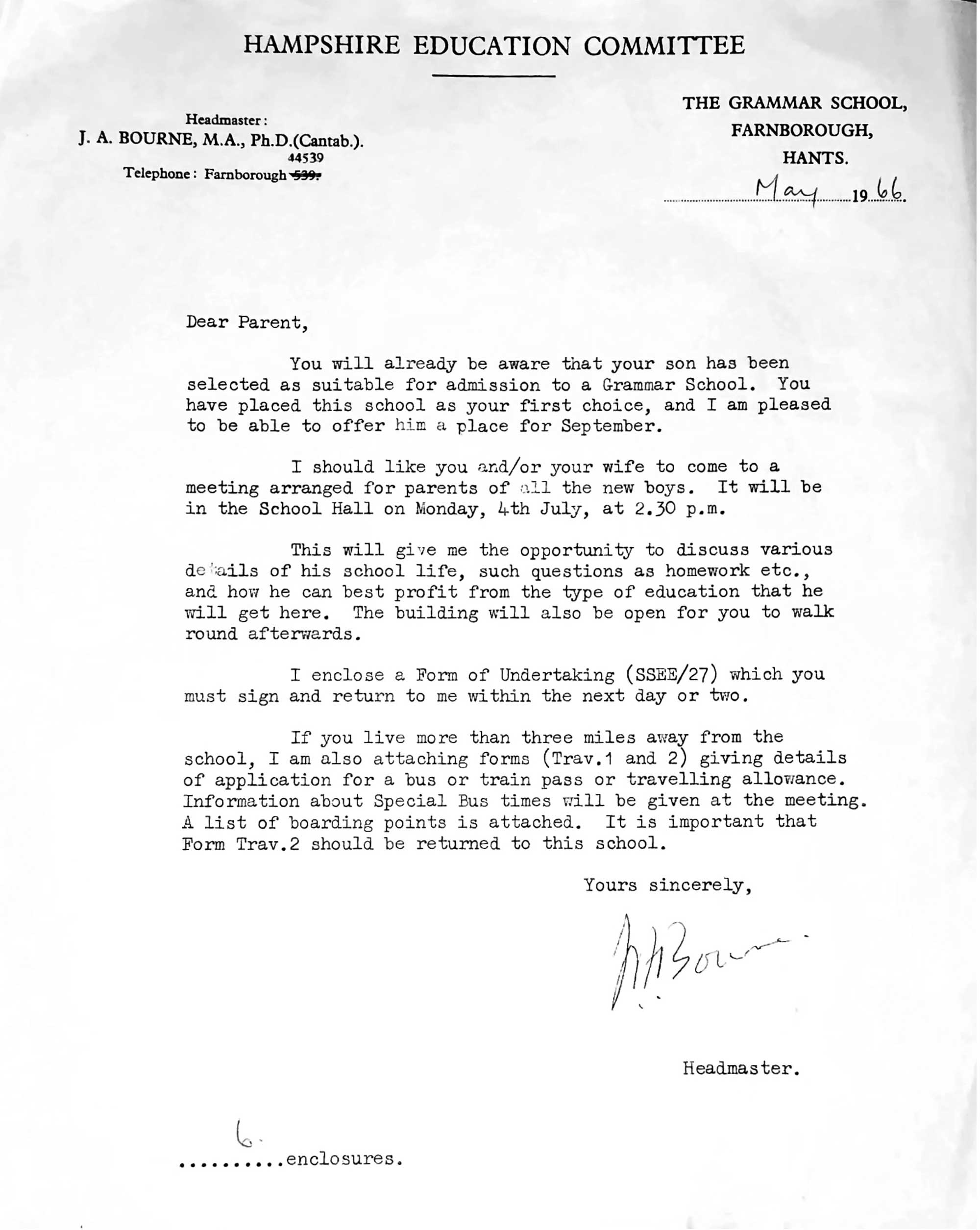 Letter From Headmaster FGS 1966